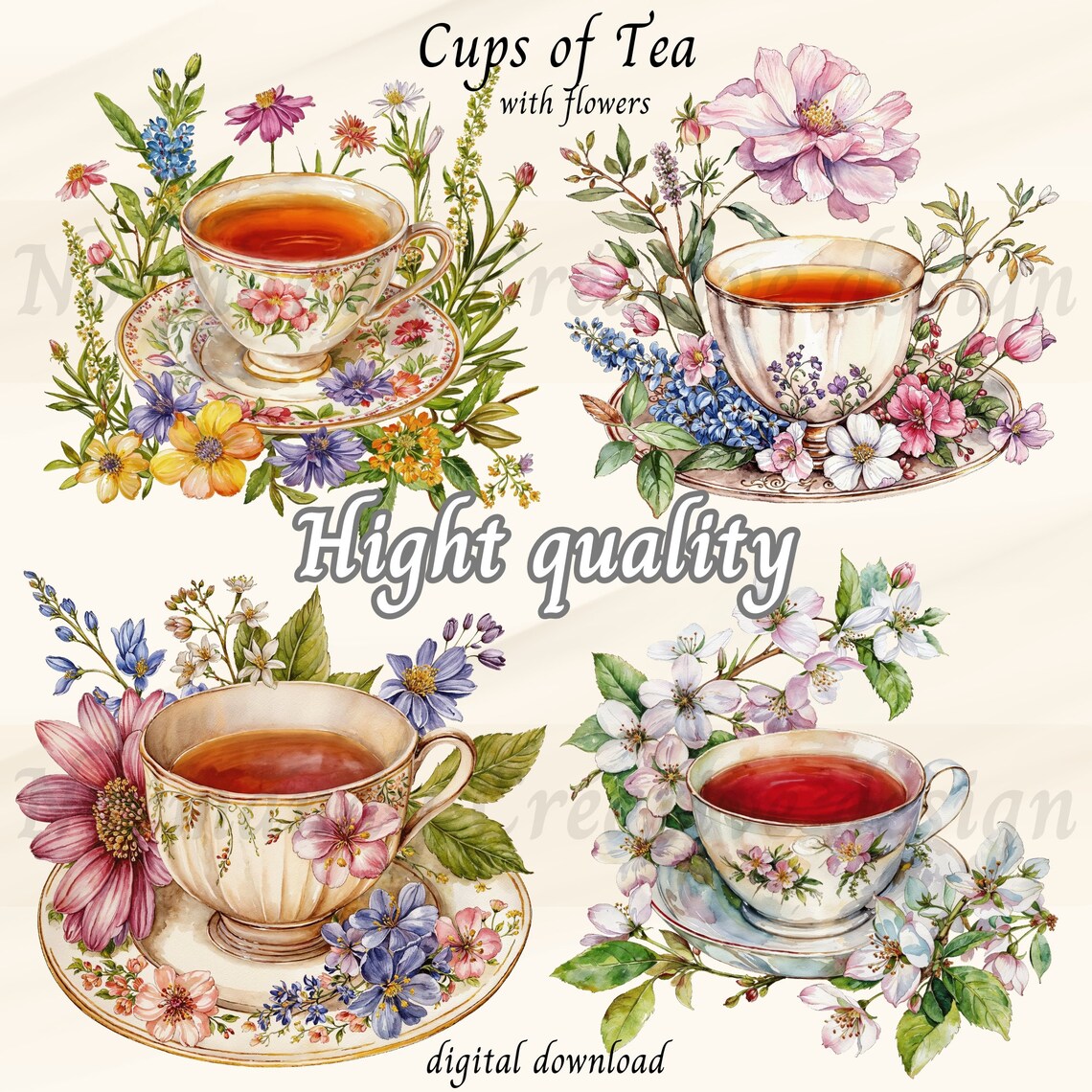 Watercolor Cup of Tea Clipart, 8 Floral Tea Time Clipart Png and Jpg ...