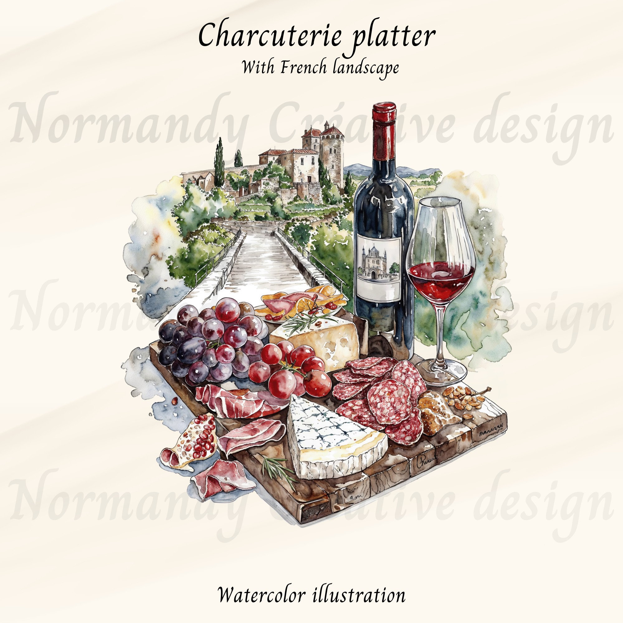 Watercolor Wine and Cheese Clipart, 8 Watercolor Charcuterie Board Png ...