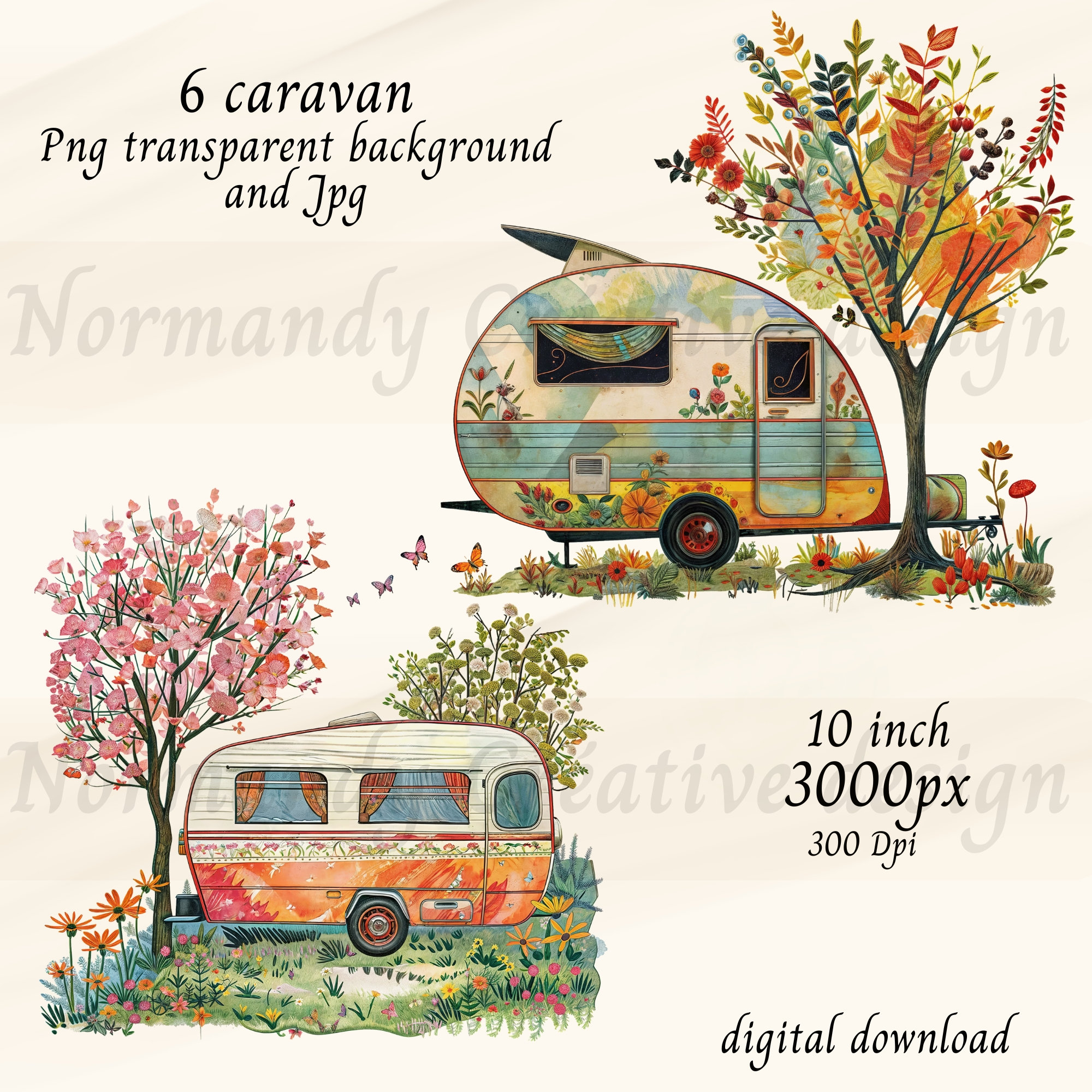Spring Caravan Watercolor Clipart, Retro Travel Trailers Clip Art Png ...