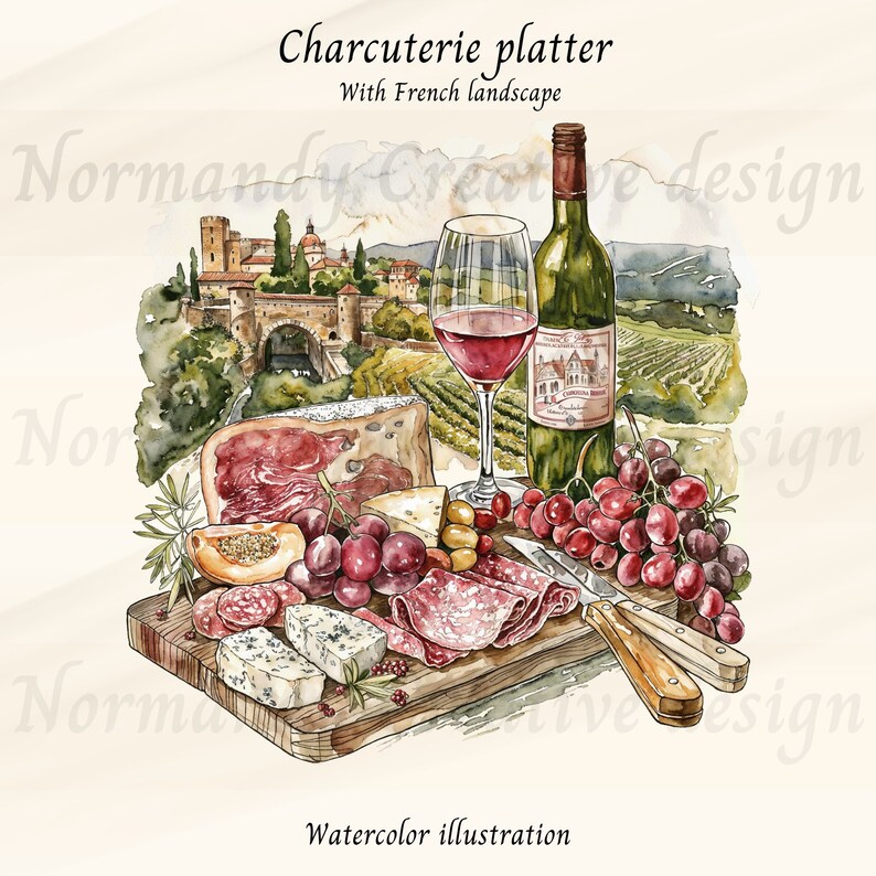 Watercolor Wine and Cheese Clipart, 8 Watercolor Charcuterie Board Png ...