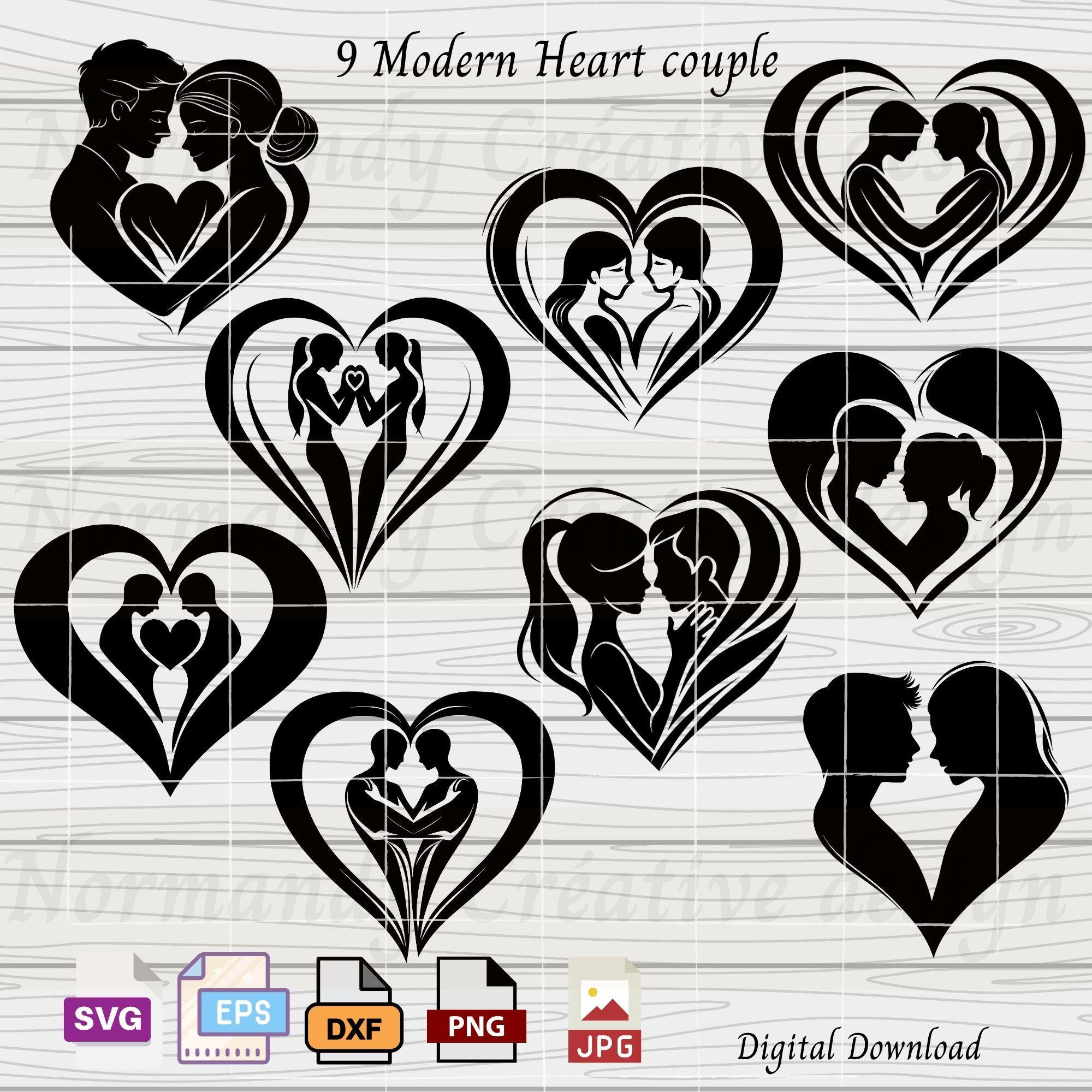 Valentine Svg Heart, 9 Heart Svg Eps Dxf Png and Jpeg, Couple Heart Svg ...