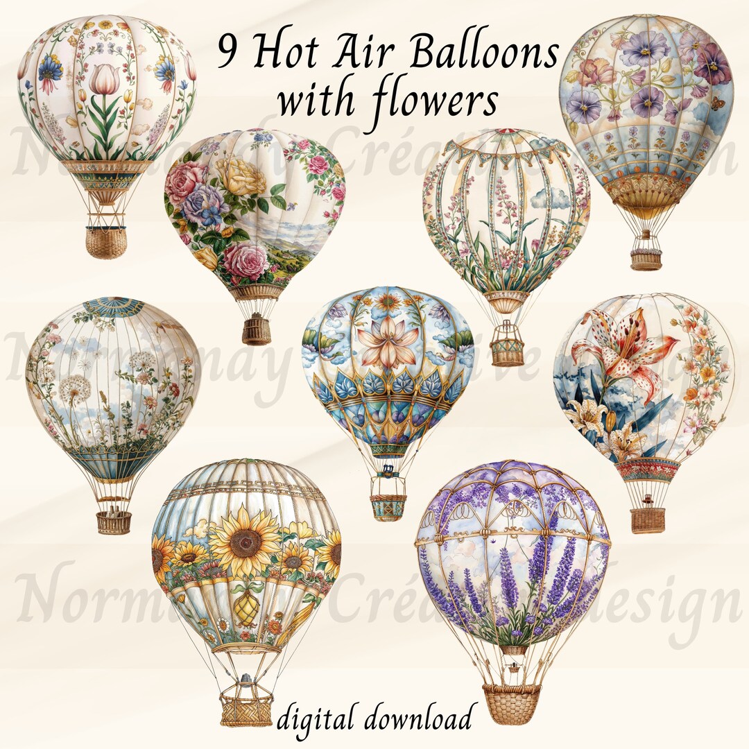 Watercolor Air Balloons With Flowers, Clipart Hot Air Balloon, 9 Air ...