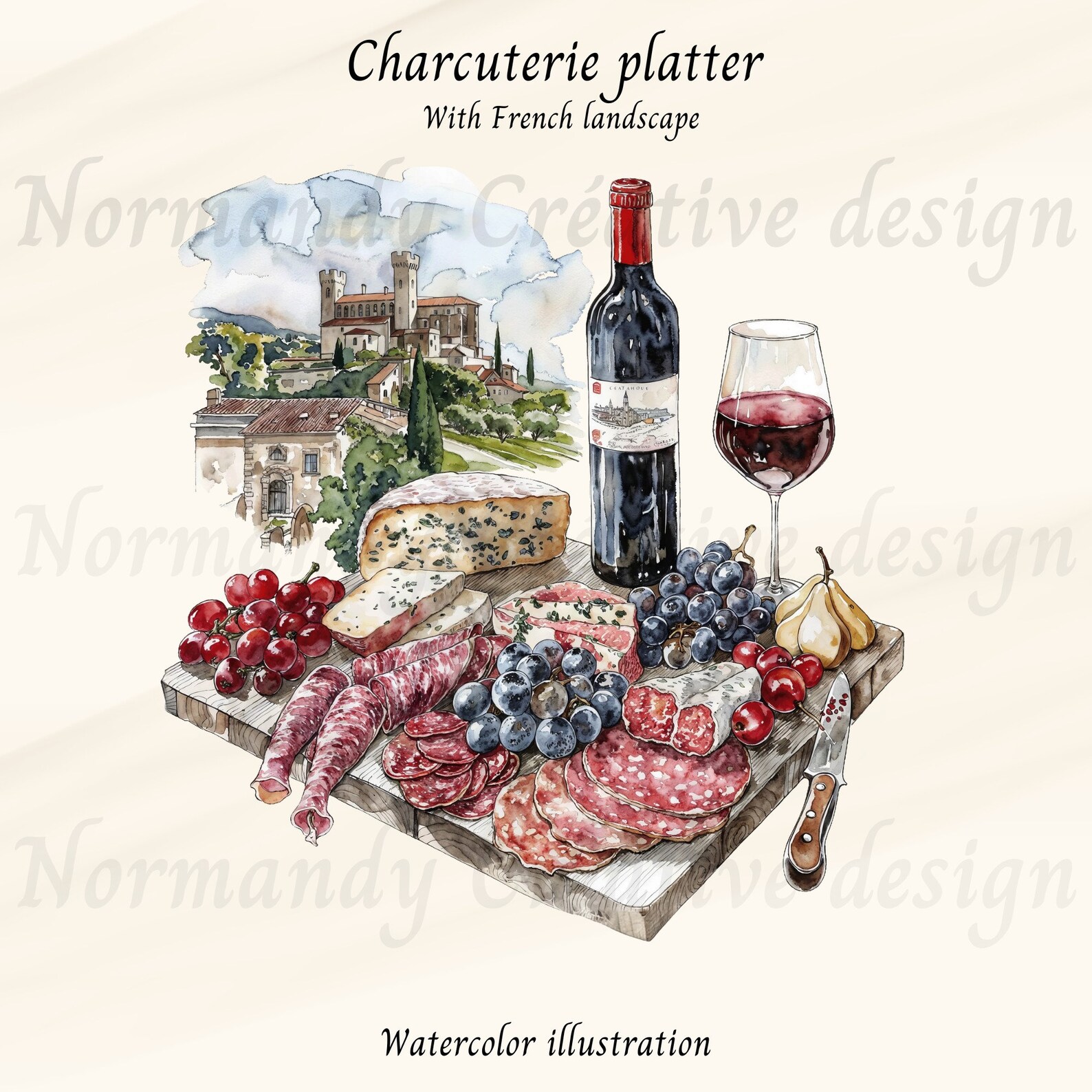 Watercolor Wine and Cheese Clipart, 8 Watercolor Charcuterie Board Png ...