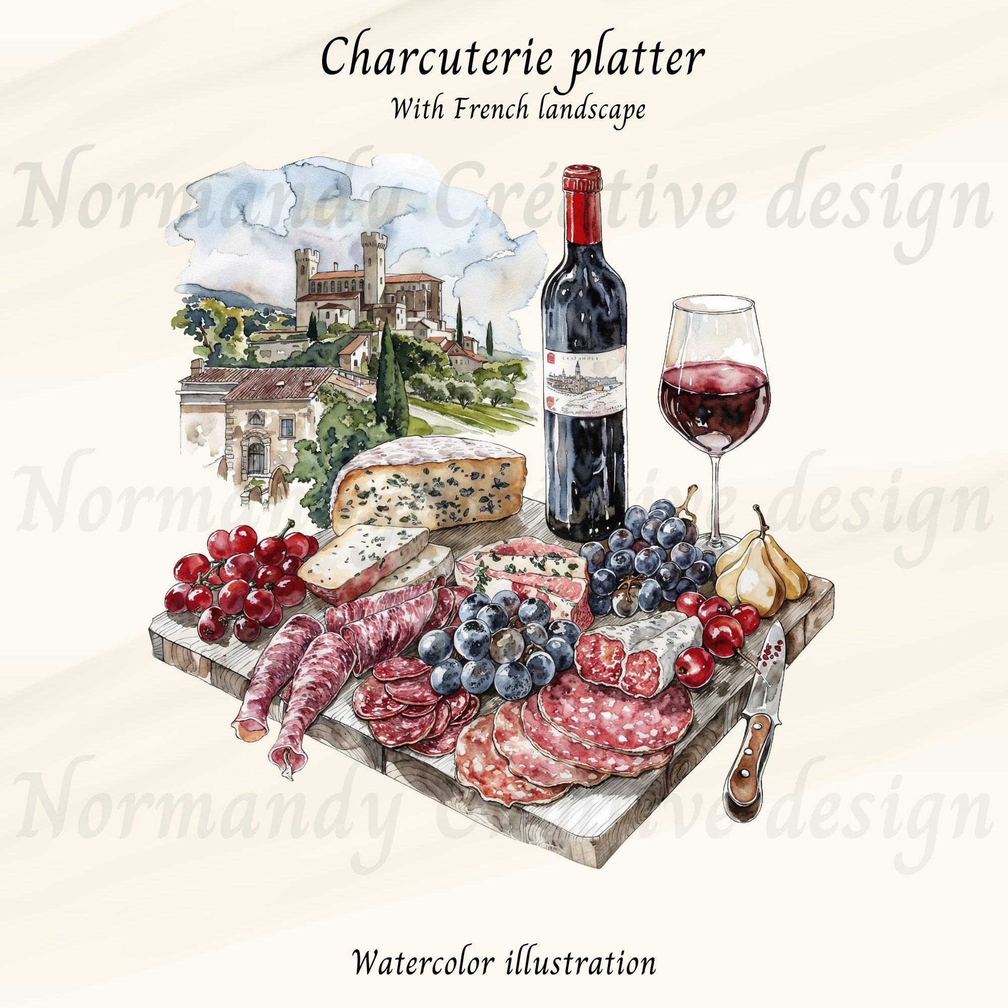 Watercolor Wine and Cheese Clipart, 8 Watercolor Charcuterie Board Png ...