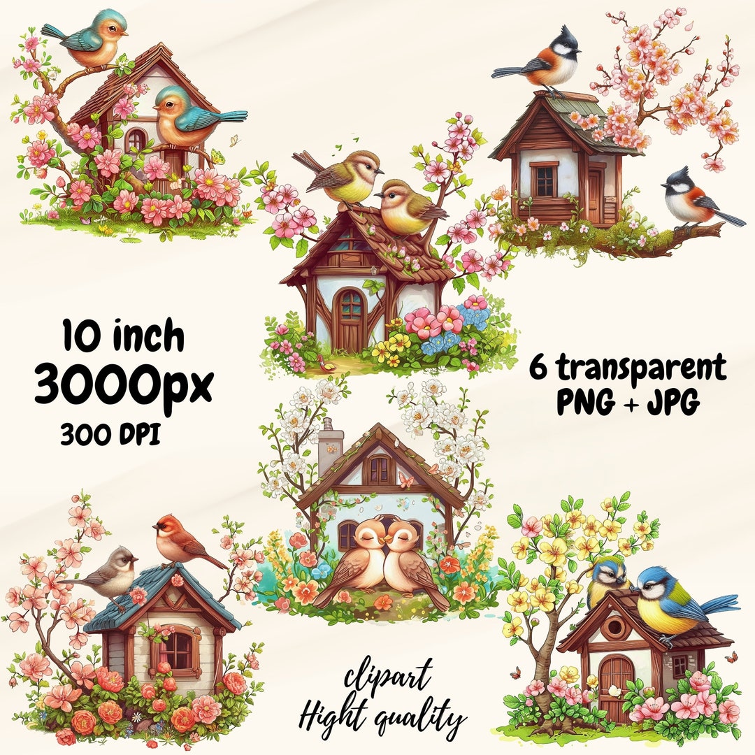 Spring House Clipart, House and Bird Couple Celebrating Spring PNG and ...