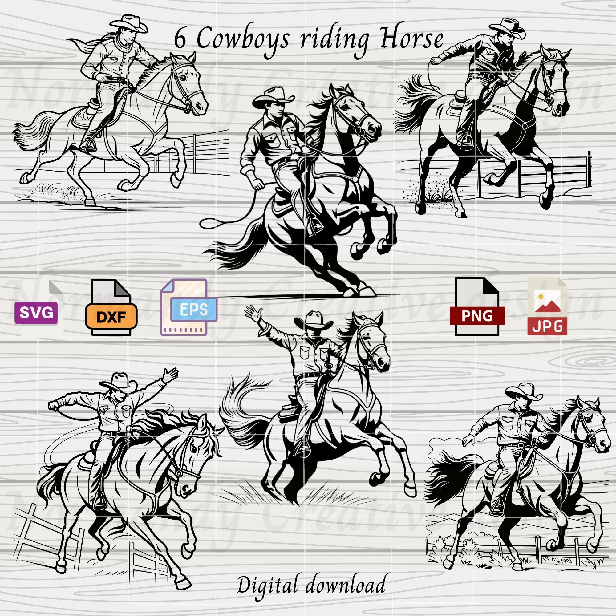 Cowboy Riding Horse Svg, 6 Western Cowboy Svg Eps Dxf Png and Jpeg ...