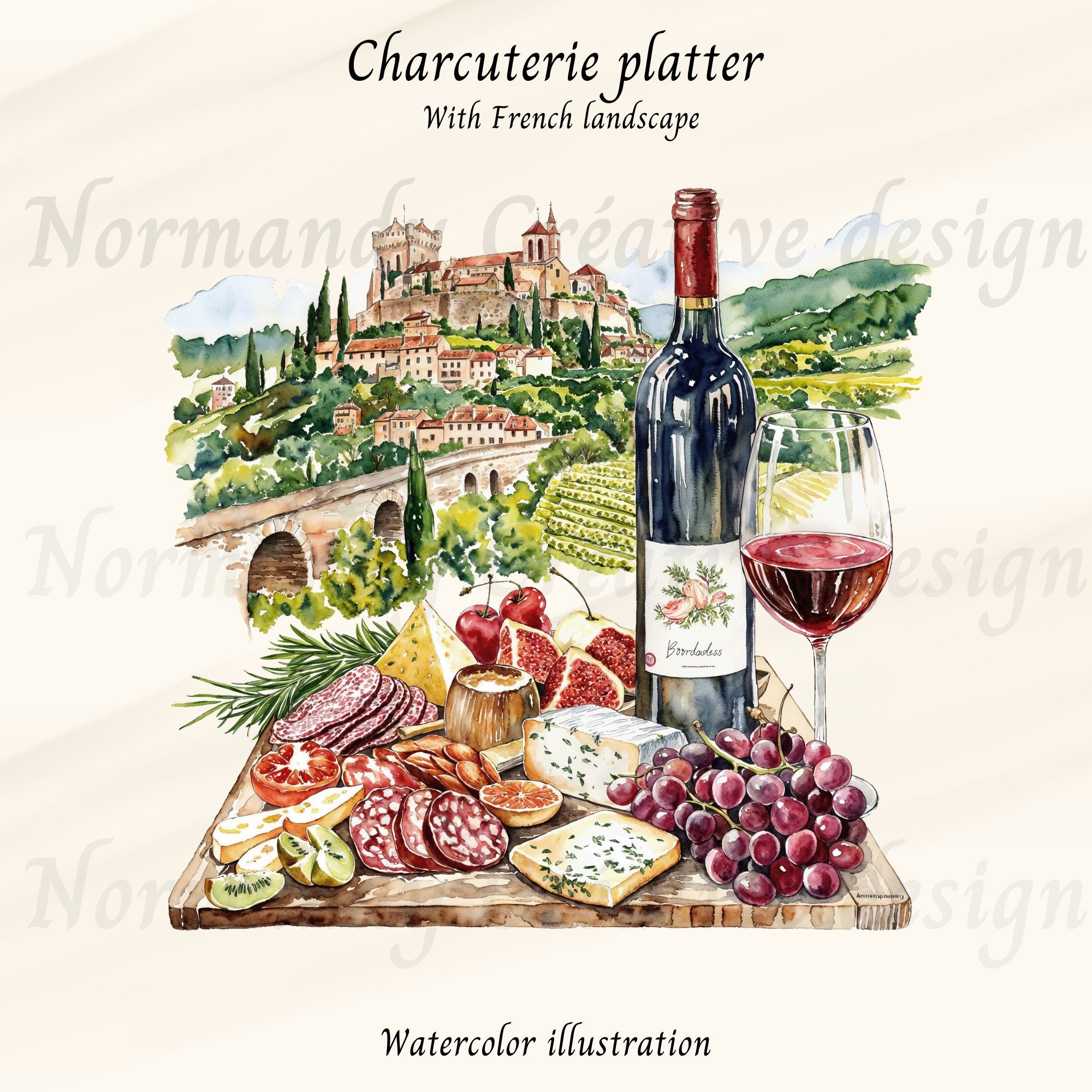 Watercolor Wine and Cheese Clipart, 8 Watercolor Charcuterie Board Png ...