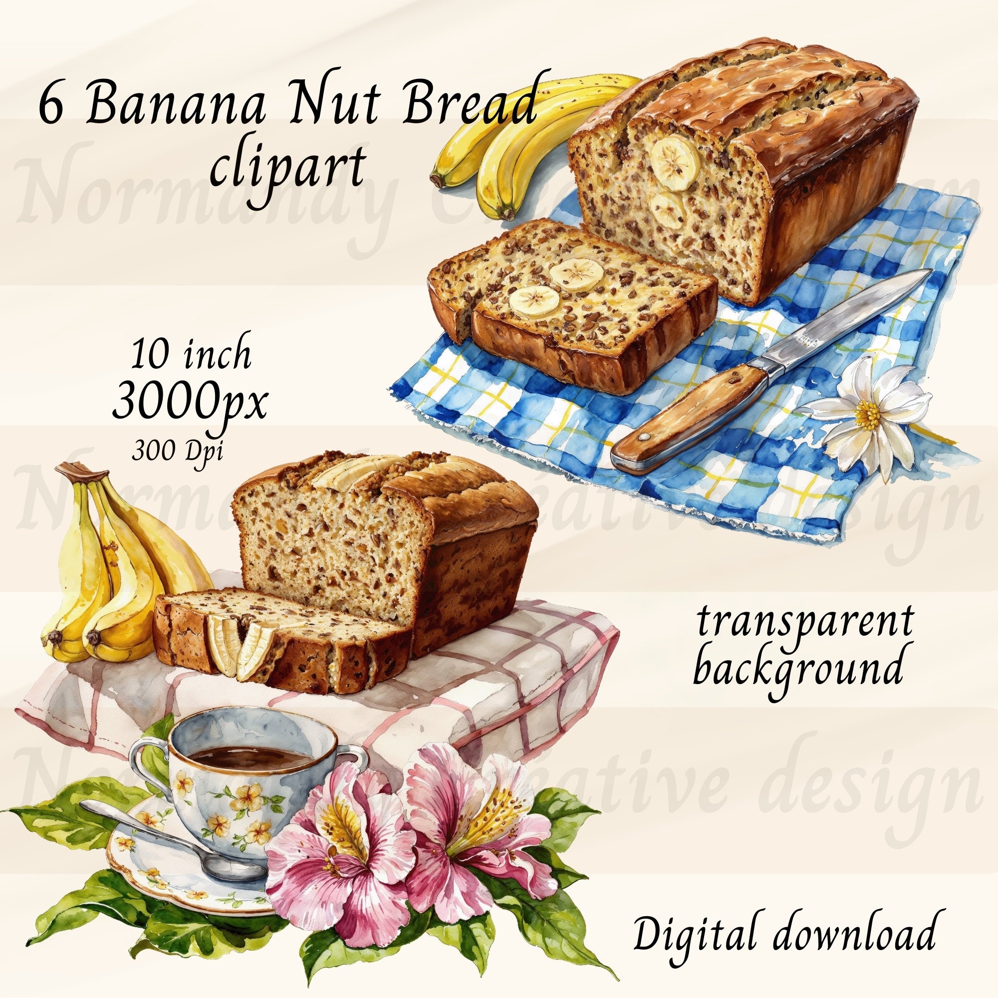 Banana Nut Bread Clipart, Banana Bread Recipe on Towel Png and Jpg ...