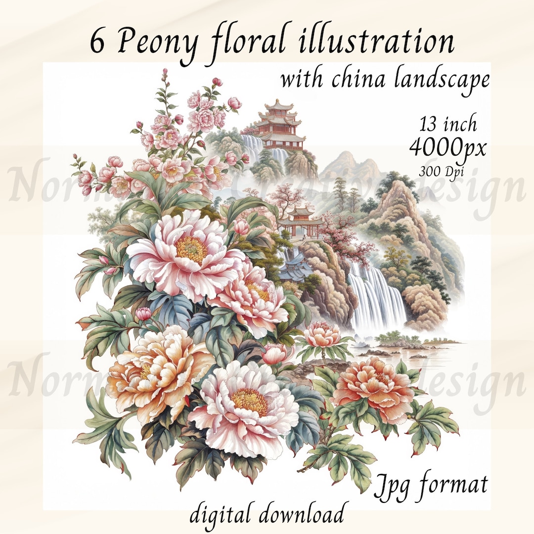 Peony Wall Art, 6 Peony Printable, Landscape Painting of Ancient China ...