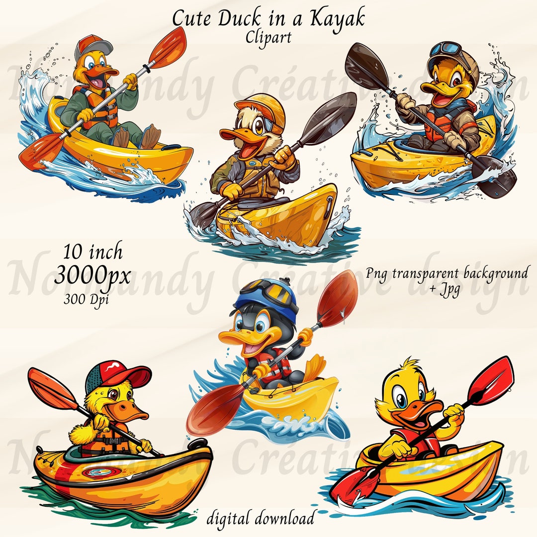 Cute Duck Clipart Bundle, 6 Kayaking Duck Png and Jpg, Baby Duck PNG ...
