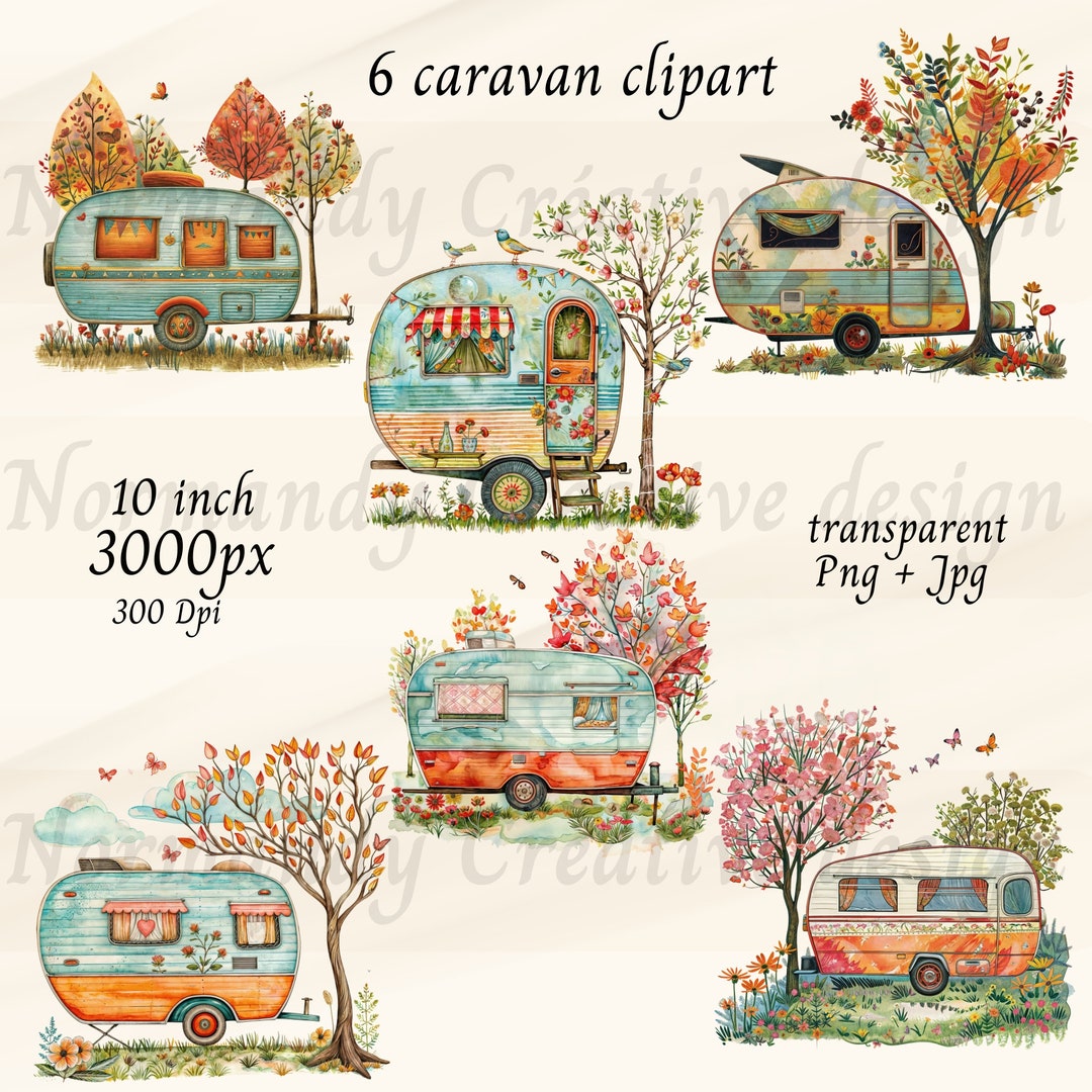 Spring Caravan Watercolor Clipart, Retro Travel Trailers Clip Art Png ...