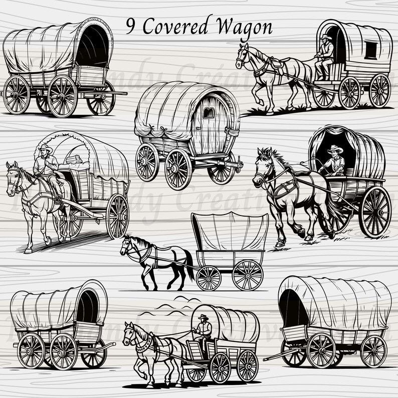 Western Illustrations SVG, Western Cowboy SVG, 9 Covered Wagon SVG File ...