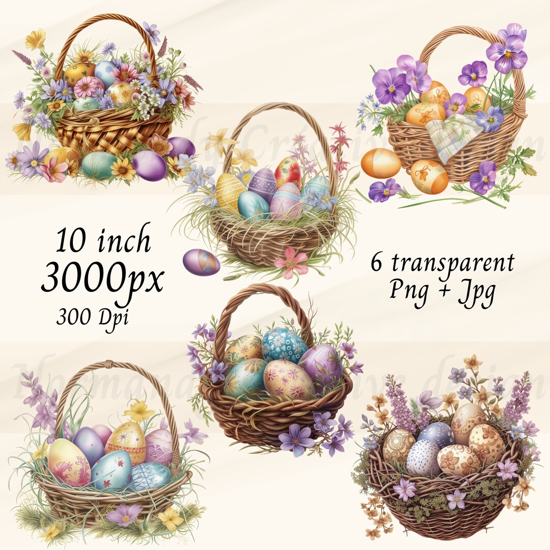 Easter Baskets Clipart, Floral Egg Baskets in PNG and JPG, Digital Clip ...