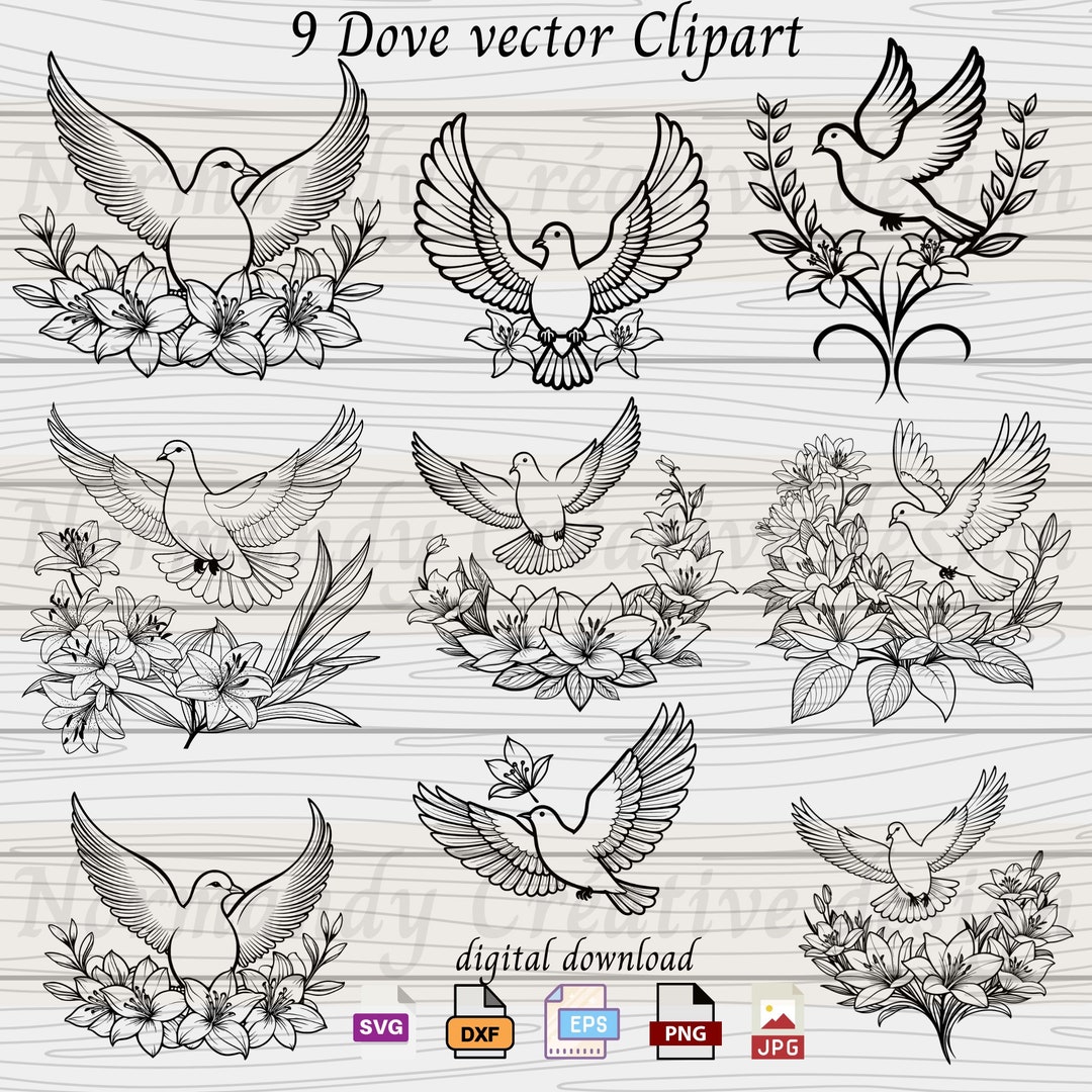 Dove SVG, Flying Dove Silhouette, Dove With Flowers Svg Eps Dxf Png and ...