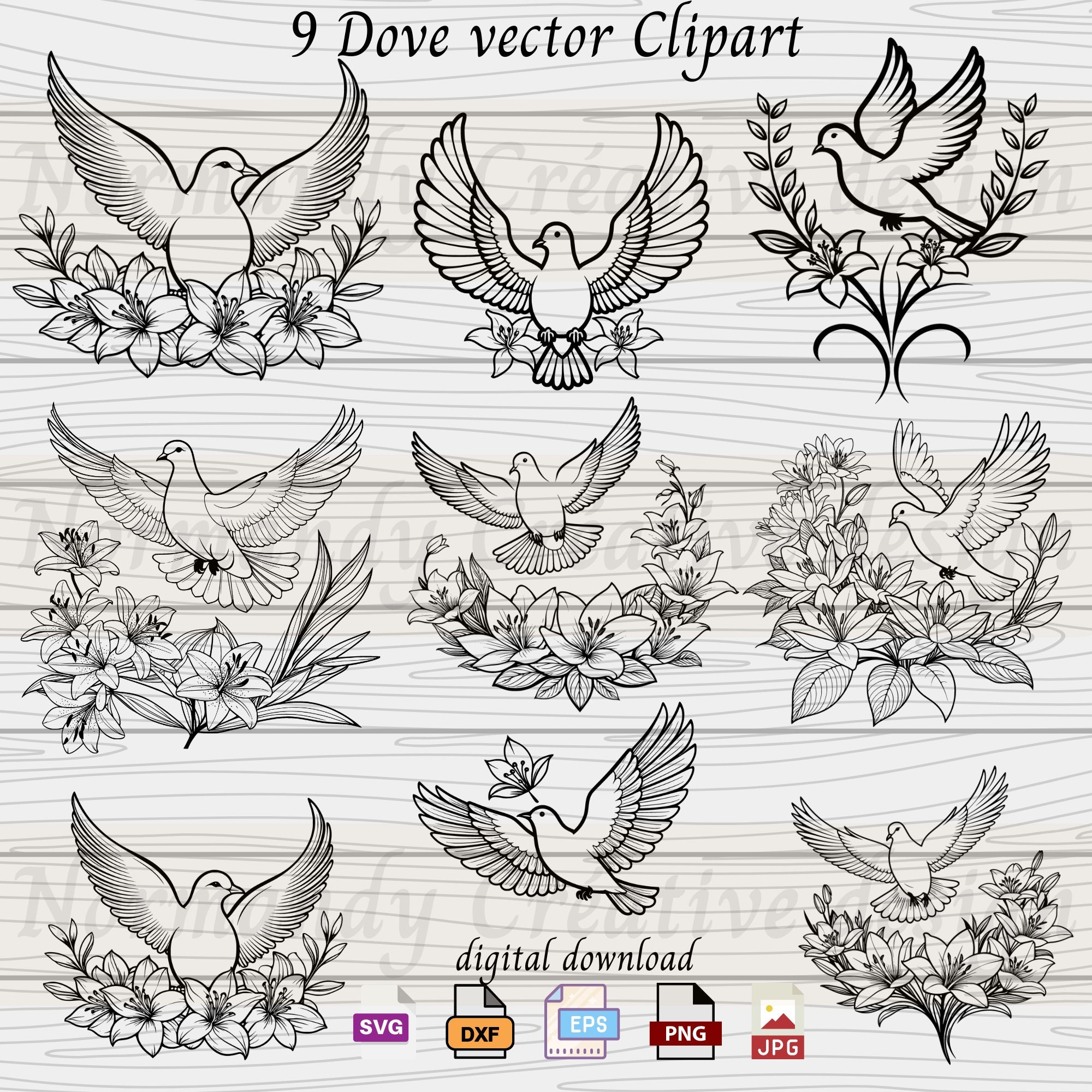 Dove SVG, Flying Dove Silhouette, Dove With Flowers Svg Eps Dxf Png and ...