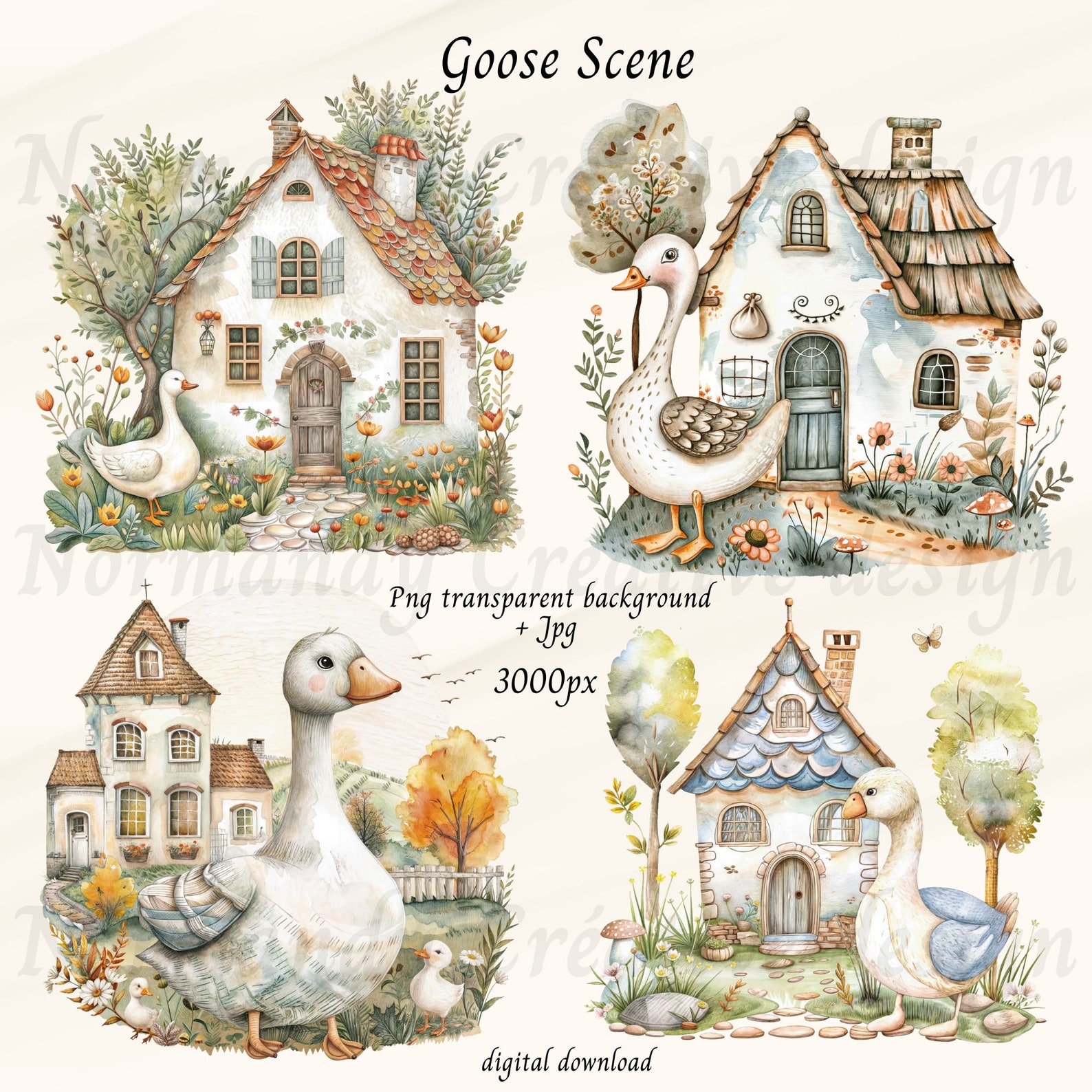Watercolor Goose Clipart, 8 Naive Art Png and Jpeg, Watercolor Farm ...