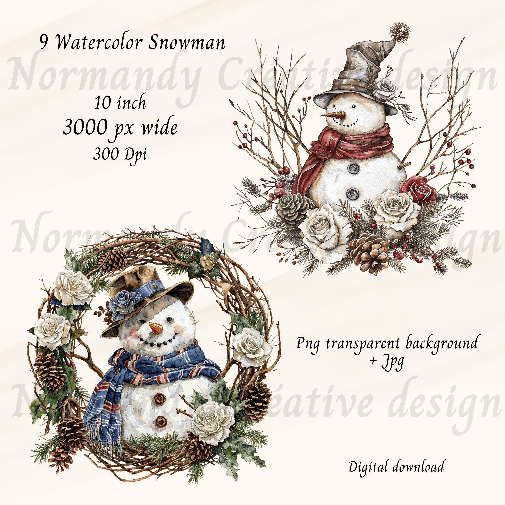 Retro Snowman Clipart Bundle, 9 Watercolor Snowman Png and Jpeg ...