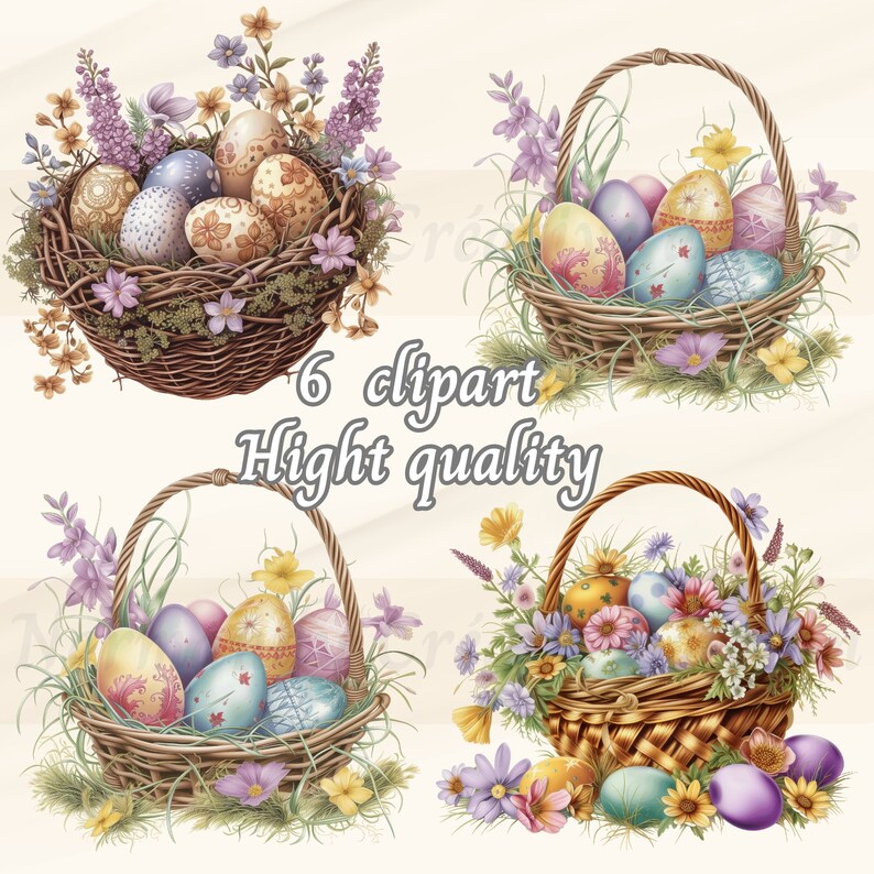 Easter Baskets Clipart, Floral Egg Baskets in PNG and JPG, Digital Clip ...