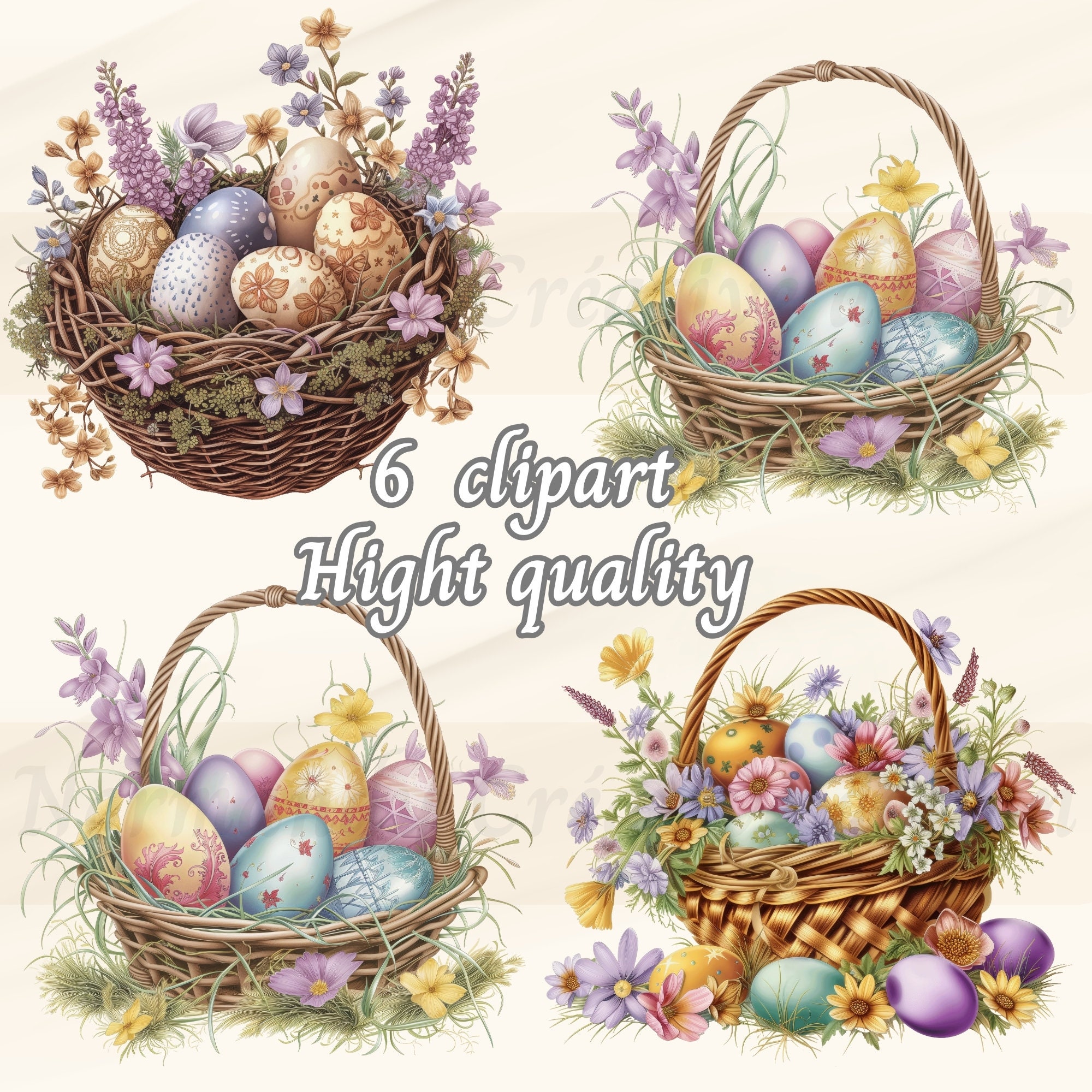 Easter Baskets Clipart, Floral Egg Baskets in PNG and JPG, Digital Clip ...