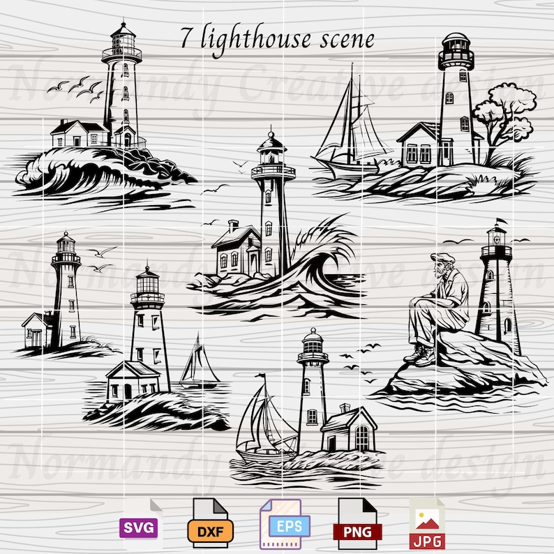 Lighthouse SVG, Set of 7 Seaside Lighthouses Svg Eps Dxf Png and Jpeg ...