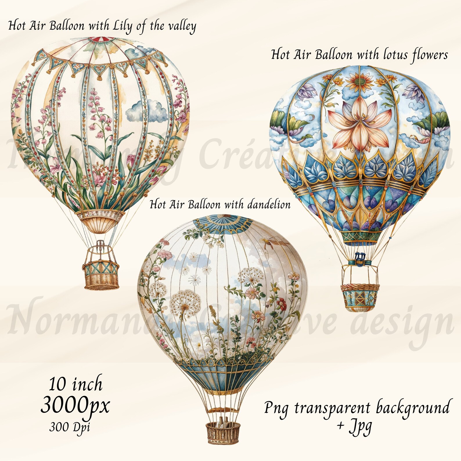 Watercolor Air Balloons With Flowers, Clipart Hot Air Balloon, 9 Air ...