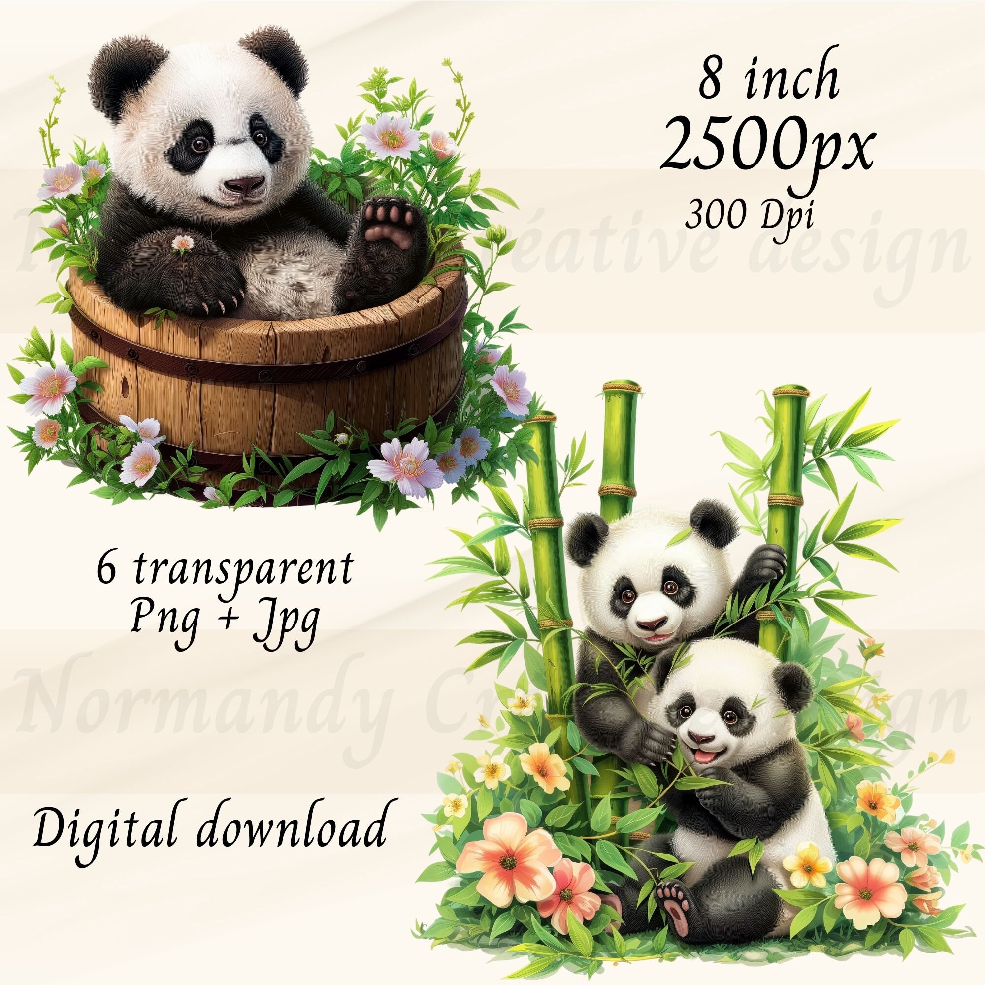Cute Pandas Clipart, Baby Panda Clipart and Illustration, 6 PNG and JPG ...
