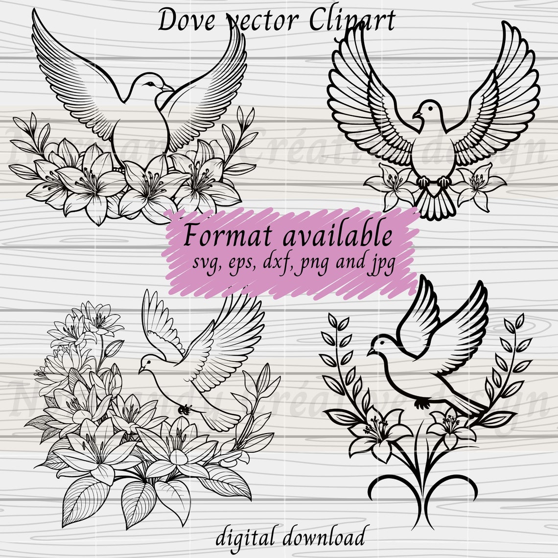 Dove SVG, Flying Dove Silhouette, Dove With Flowers Svg Eps Dxf Png and ...