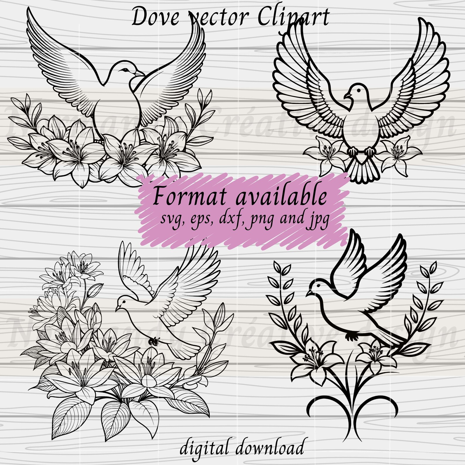 Dove SVG, Flying Dove Silhouette, Dove With Flowers Svg Eps Dxf Png and ...