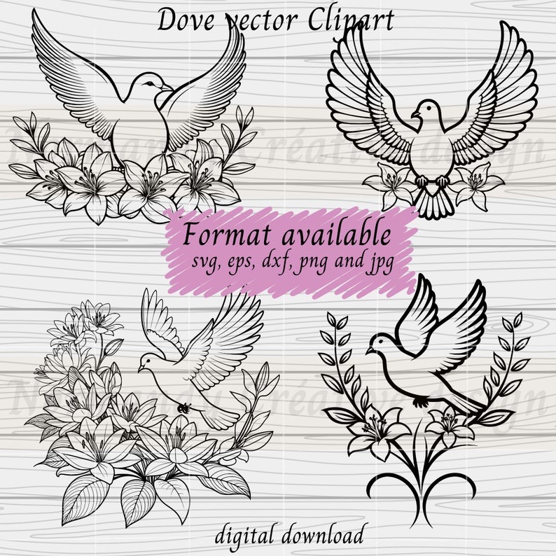 Dove SVG, Flying Dove Silhouette, Dove With Flowers Svg Eps Dxf Png and ...