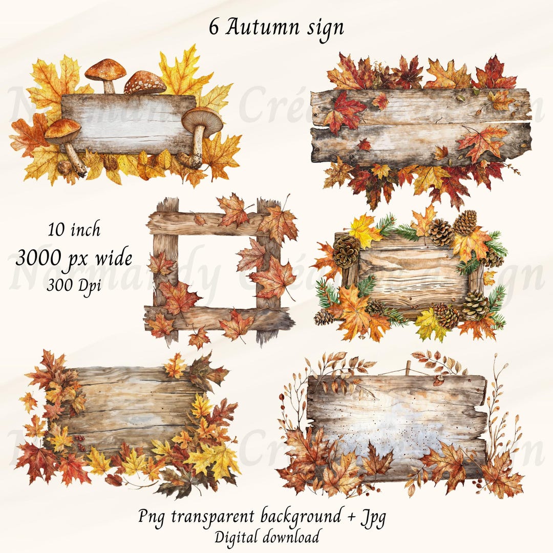 Autumn Sign, Autumn Sign With Leaves Clipart, 6 Autumn Wood Sign Png ...