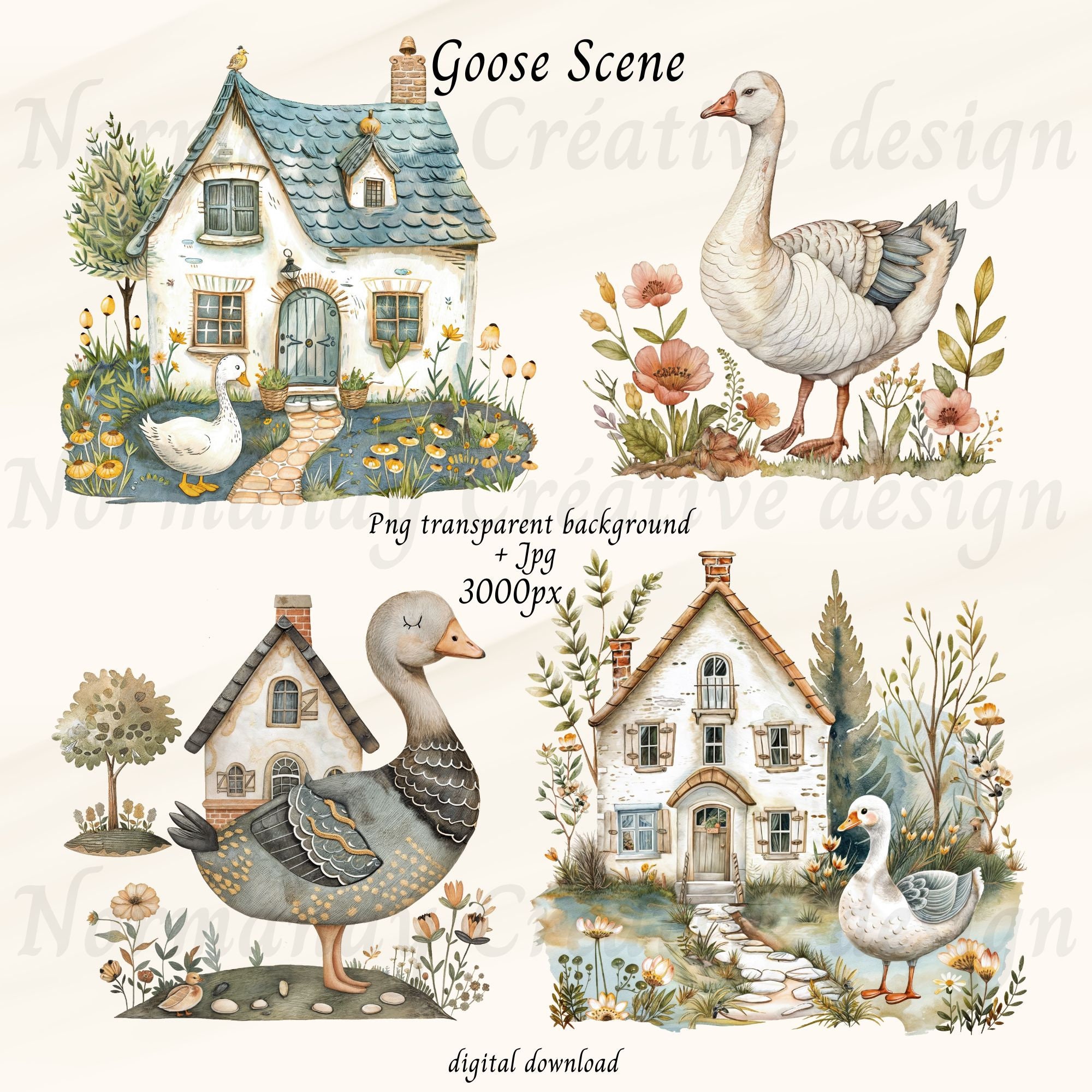 Watercolor Goose Clipart, 8 Naive Art Png and Jpeg, Watercolor Farm ...