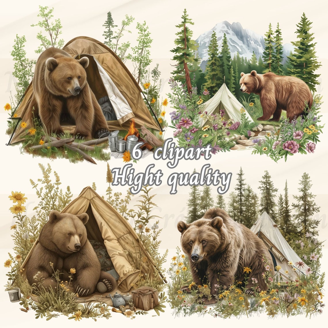 Brown Bear Clipart, Watercolor Forest Bear Camper Png and JPG, Digital ...