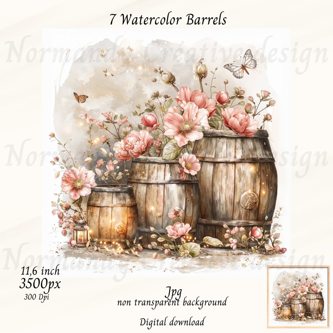 Watercolor Barrel Clipart, 7 Barrels Watercolor Jpegs, Barrels With ...