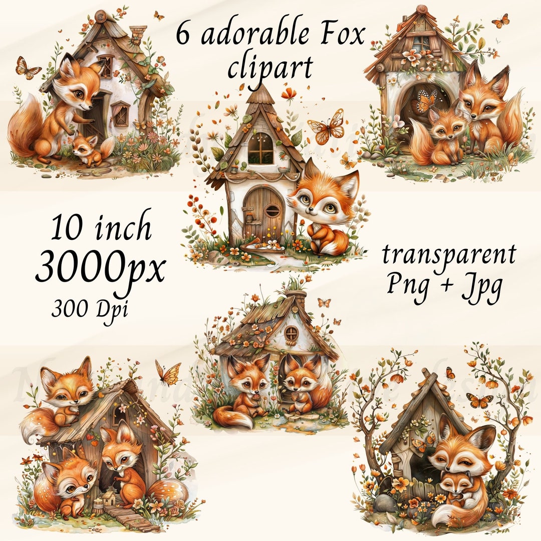 Fox Clipart Set, 6 Cute Woodland Fox PNG Bundle and JPG, Adorable Fox ...