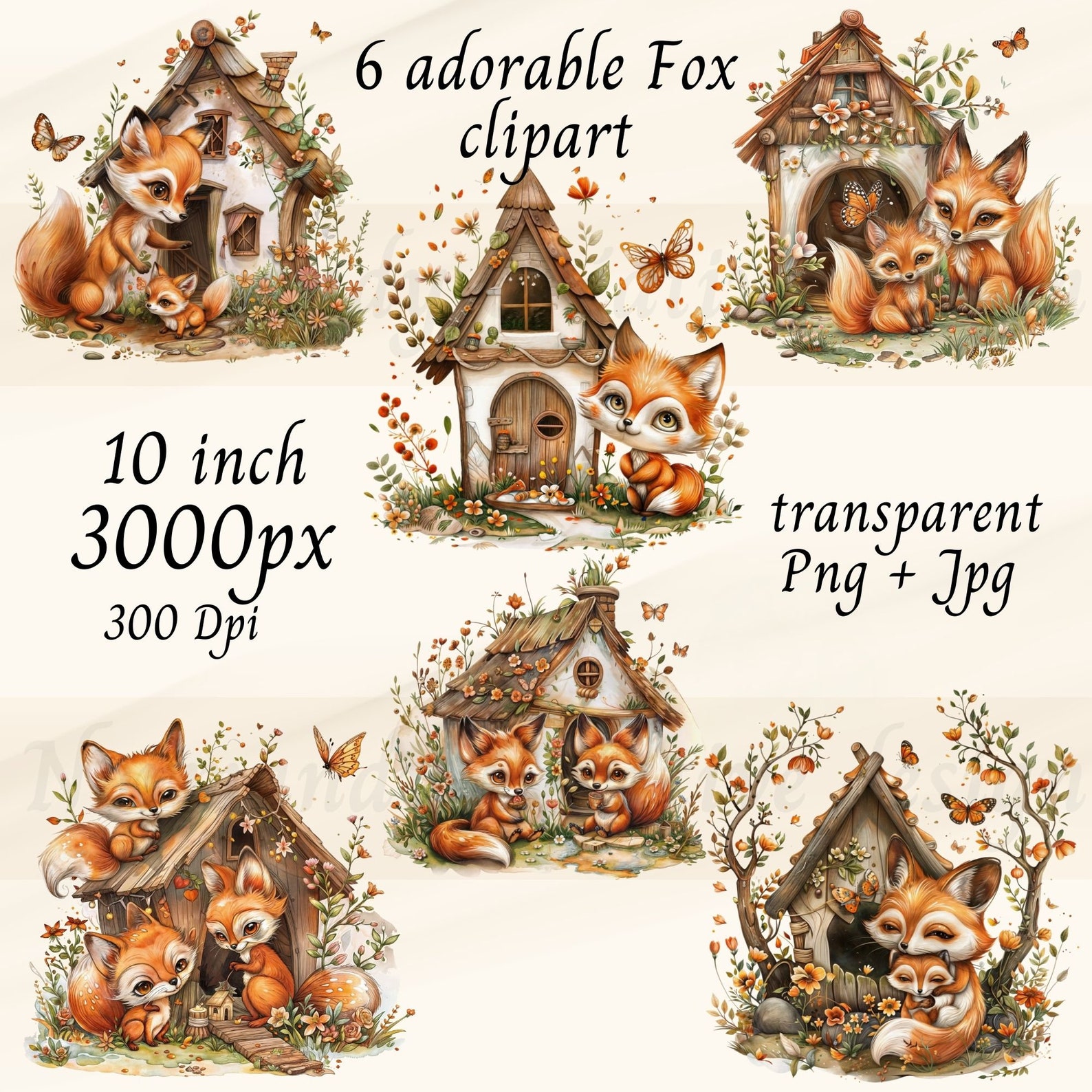Fox Clipart Set, 6 Cute Woodland Fox PNG Bundle and JPG, Adorable Fox ...