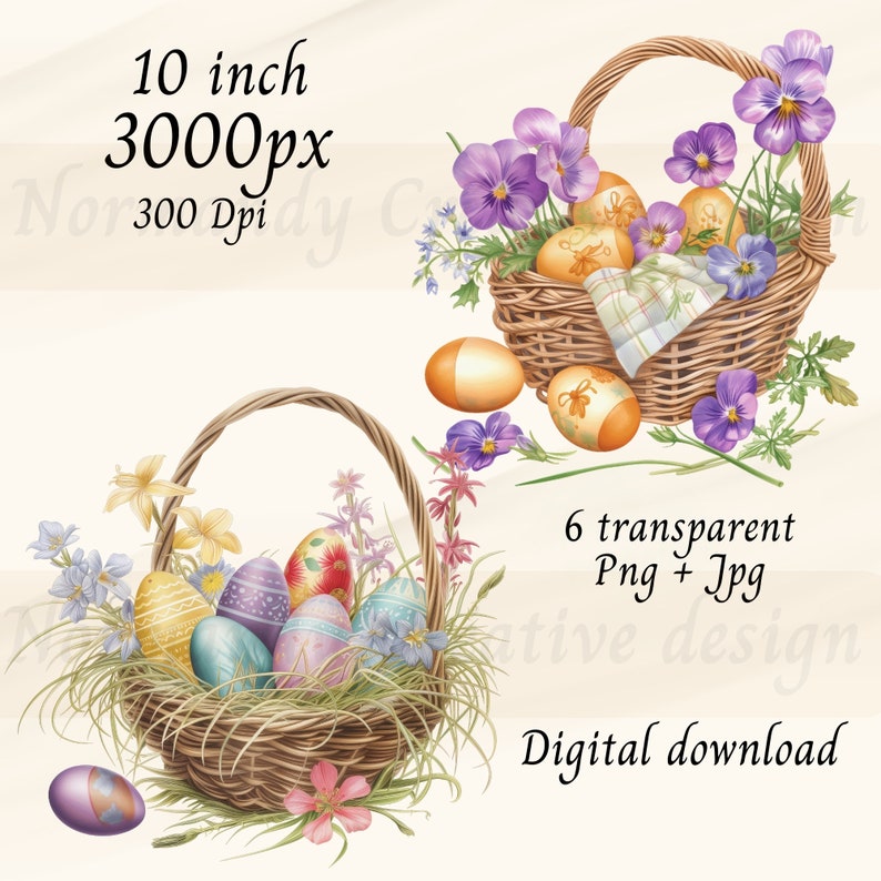 Easter Baskets Clipart, Floral Egg Baskets in PNG and JPG, Digital Clip ...