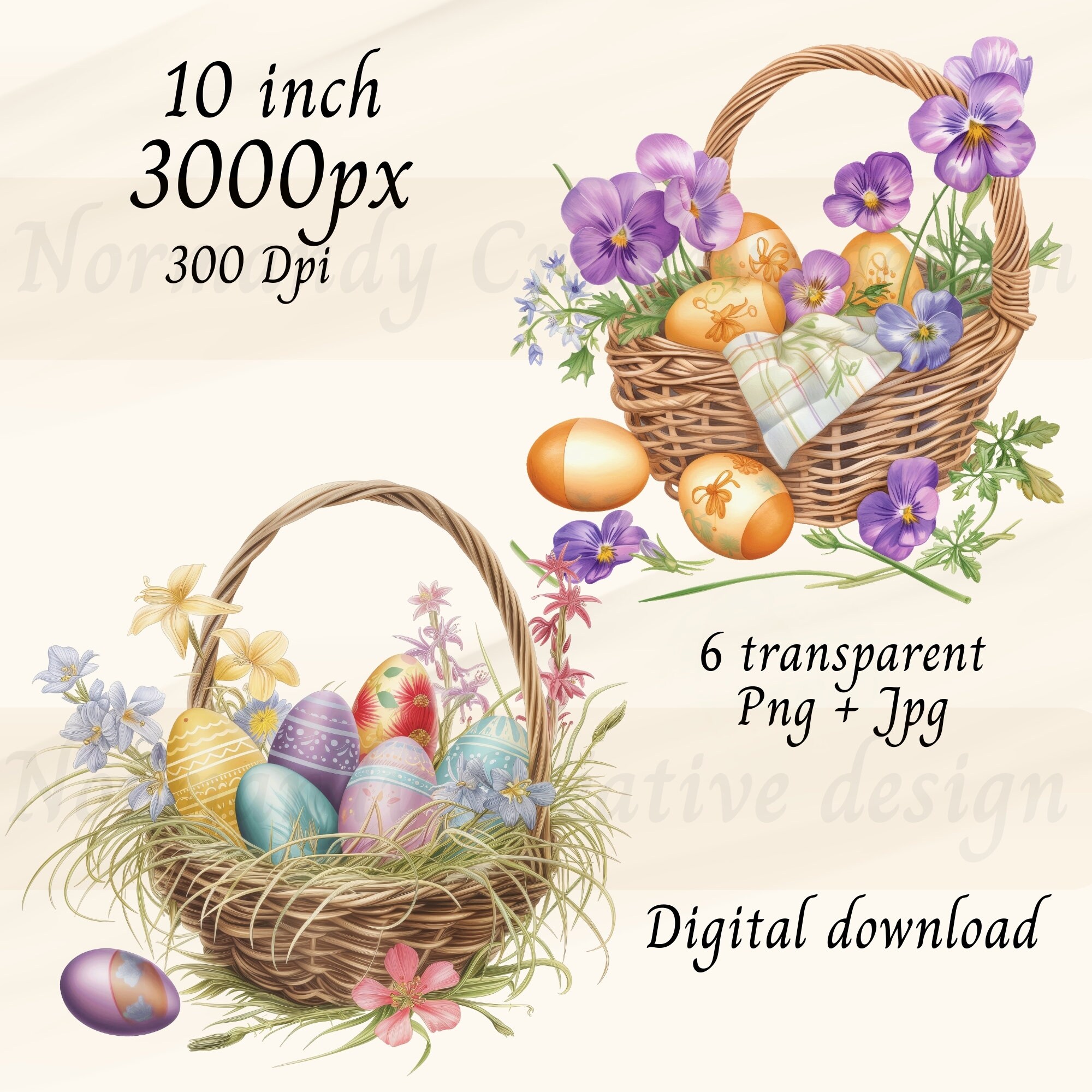 Easter Baskets Clipart, Floral Egg Baskets in PNG and JPG, Digital Clip ...