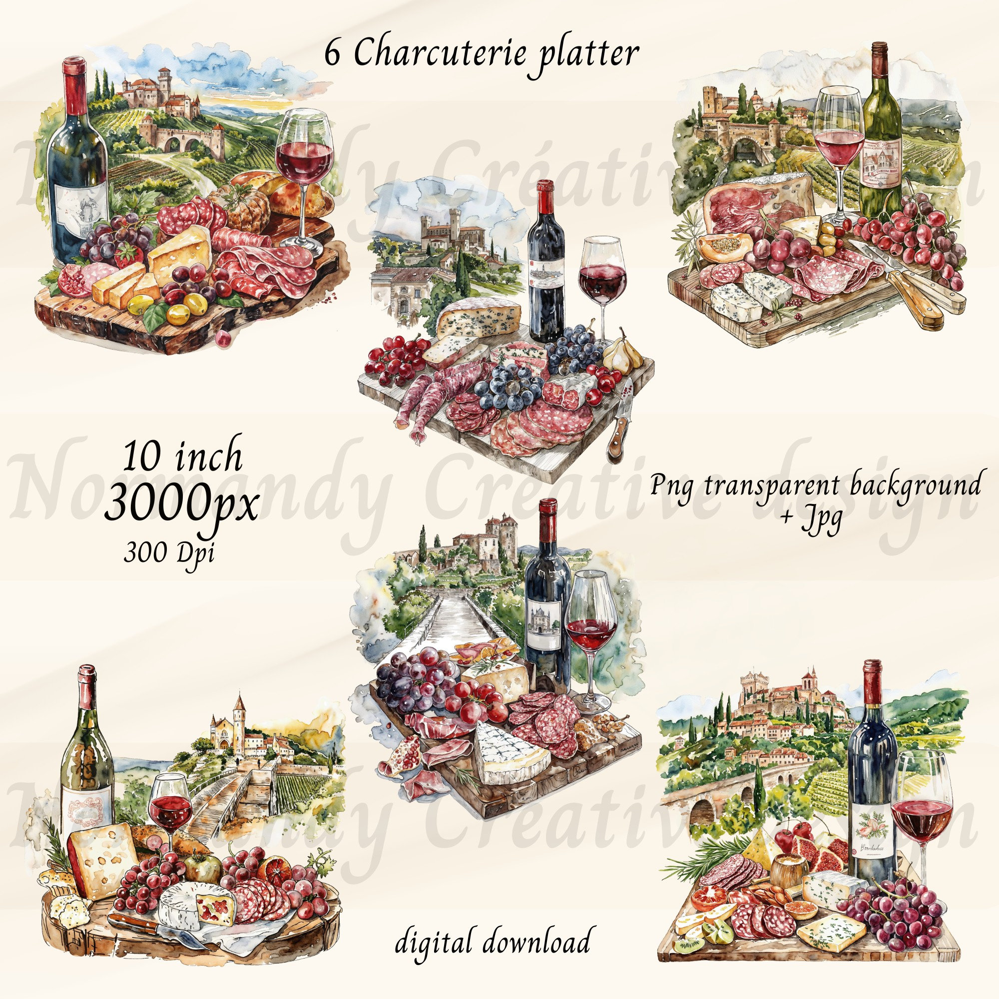 Watercolor Wine and Cheese Clipart, 8 Watercolor Charcuterie Board Png ...