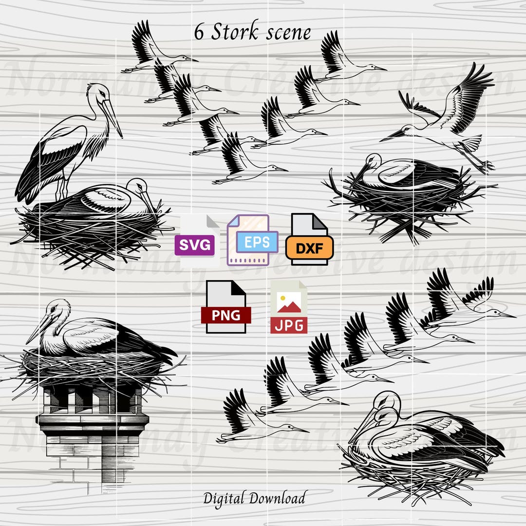 Stork Bird SVG Files, 6 Stork Svg Eps Dxf Png and Jpeg, Stork Bird SVG ...