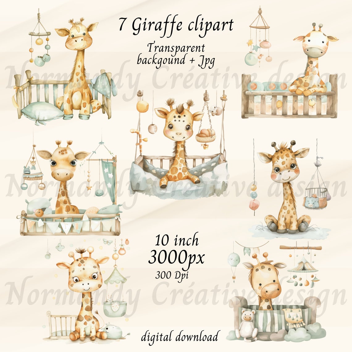 Baby Giraffe Clipart, 7 Watercolor Nursery Art, Giraffe Png and Jpg ...