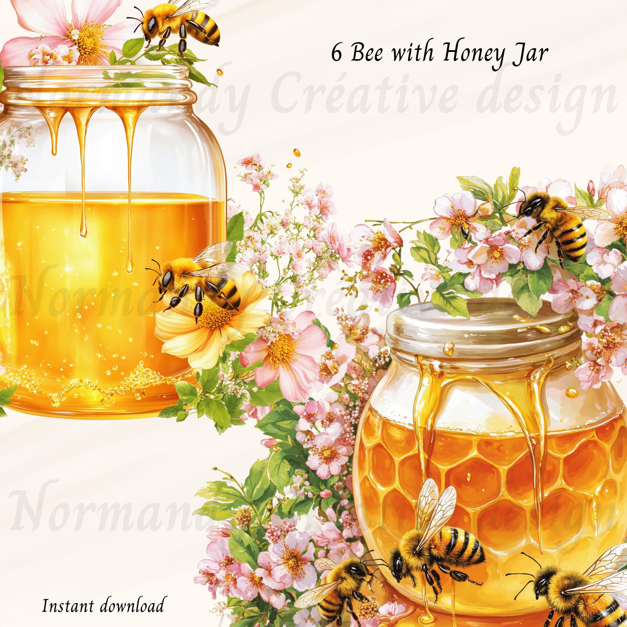 Honey Bee Clipart, 6 Bees Scene Png and Jpeg, Honey Jar Clipart, Honey ...