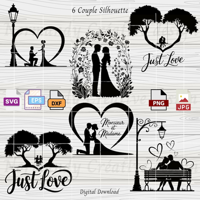 Couple Silhouette SVG, 6 Romantic Couple Svg Eps Dxf Png and Jpeg ...