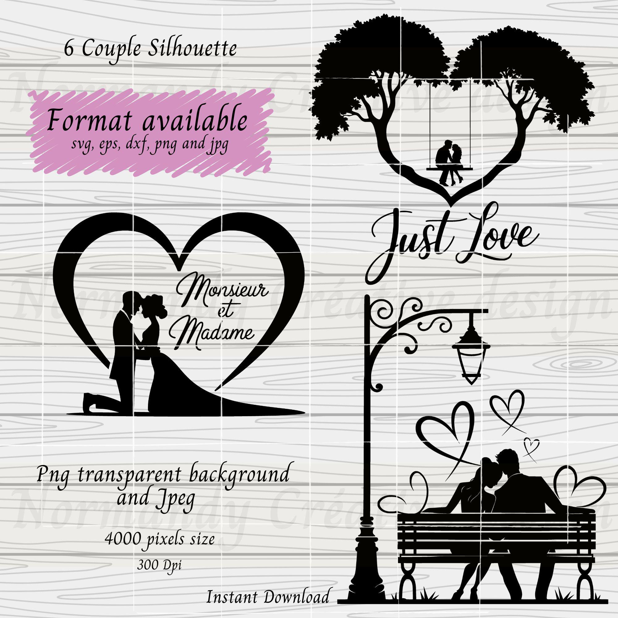 Couple Silhouette SVG, 6 Romantic Couple Svg Eps Dxf Png and Jpeg ...
