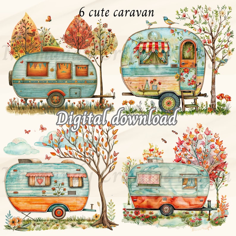 Spring Caravan Watercolor Clipart, Retro Travel Trailers Clip Art Png ...