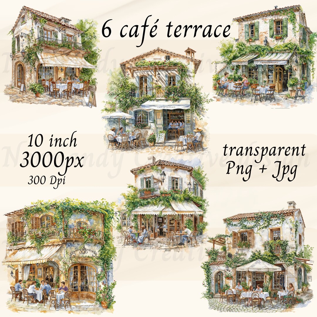 French Café Watercolor Clipart, 6 Cozy Café Bundle PNG and JPG, Cafe ...