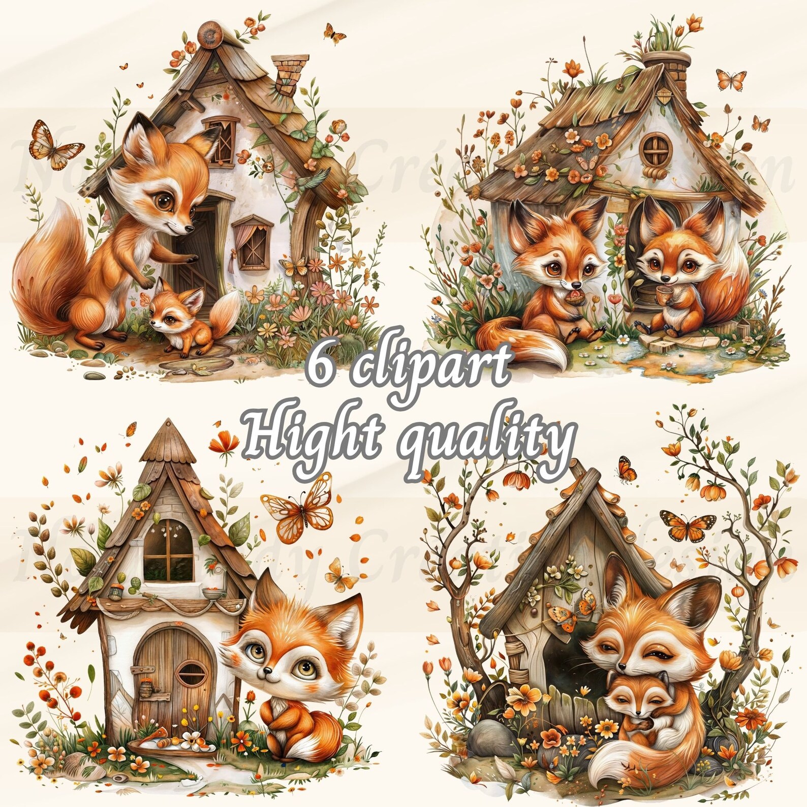 Fox Clipart Set, 6 Cute Woodland Fox PNG Bundle and JPG, Adorable Fox ...