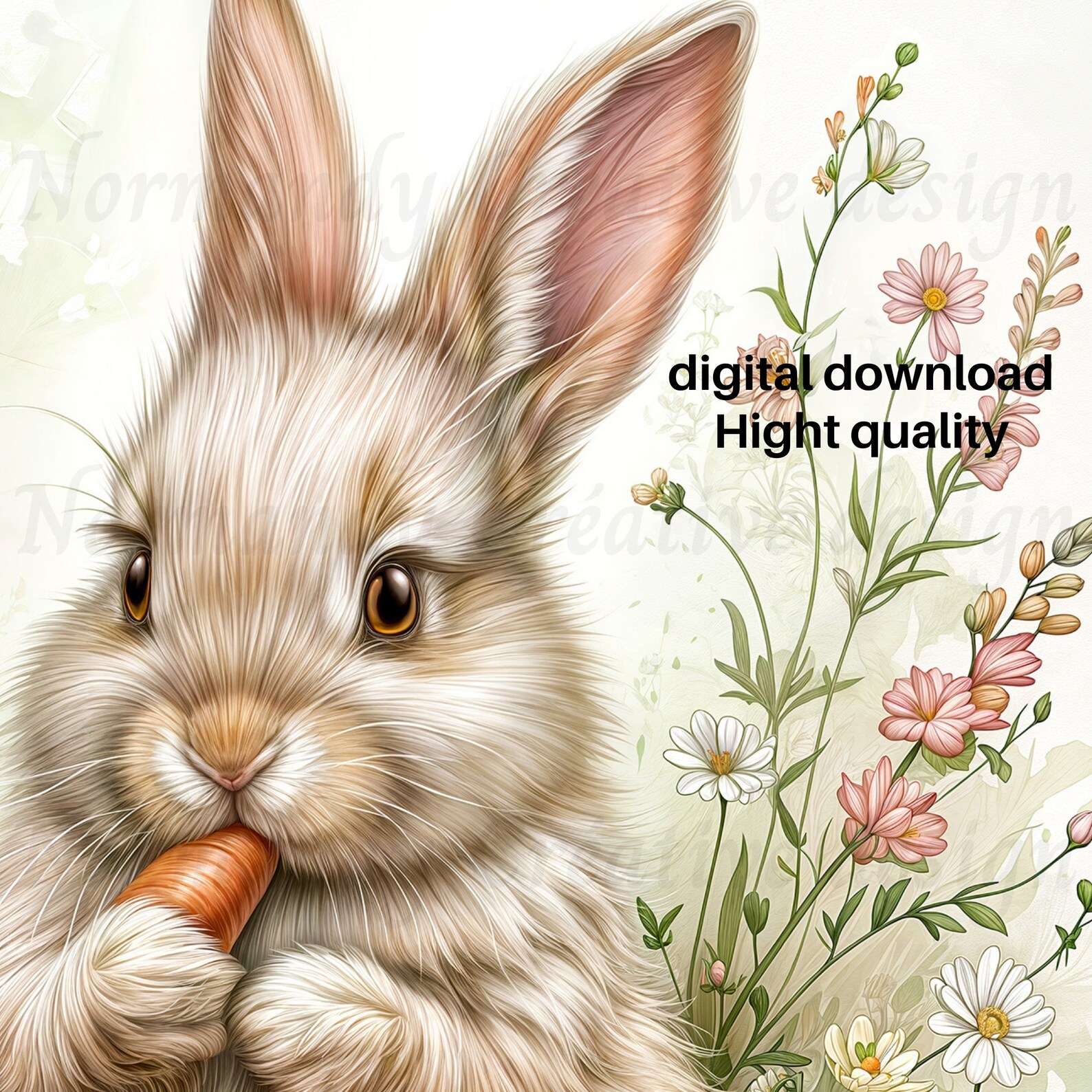 Bunny With Carrot Printable Wall Art, Rabbit Print for Nursery, Spring ...