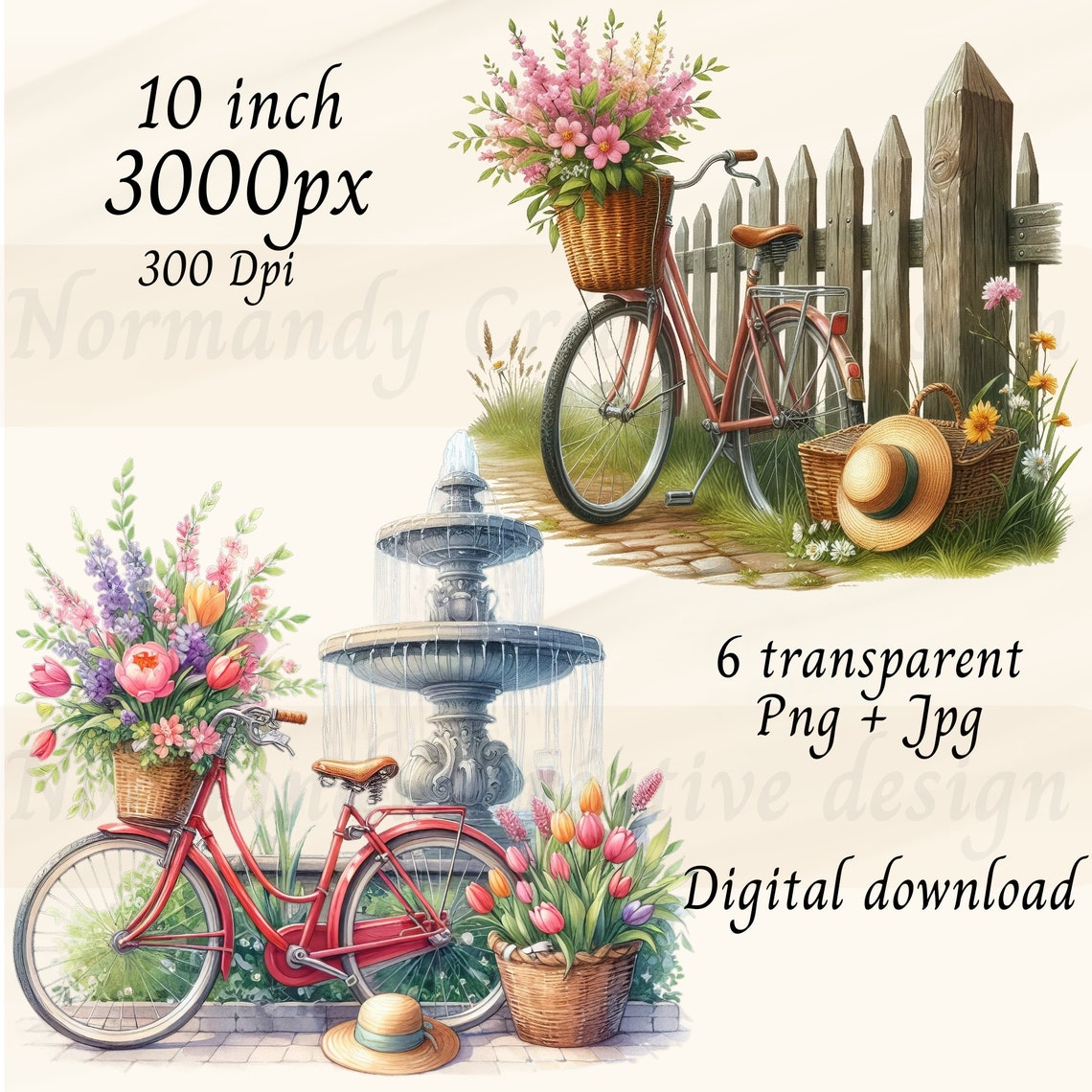 Spring Bicycles Clipart, 6 Watercolor Bicycle Clipart, Flower Basket ...