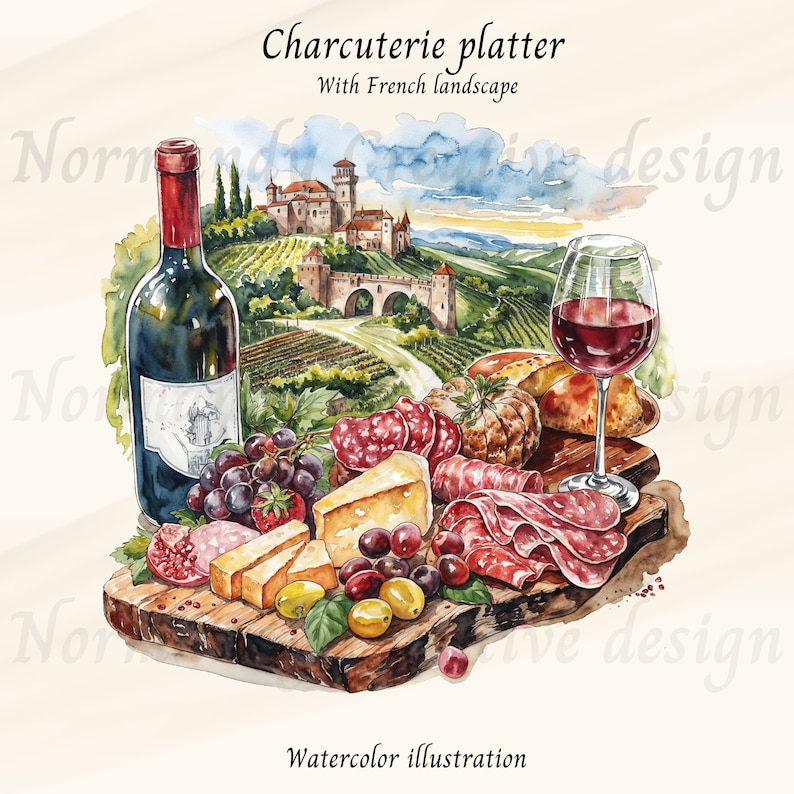 Watercolor Wine and Cheese Clipart, 8 Watercolor Charcuterie Board Png ...