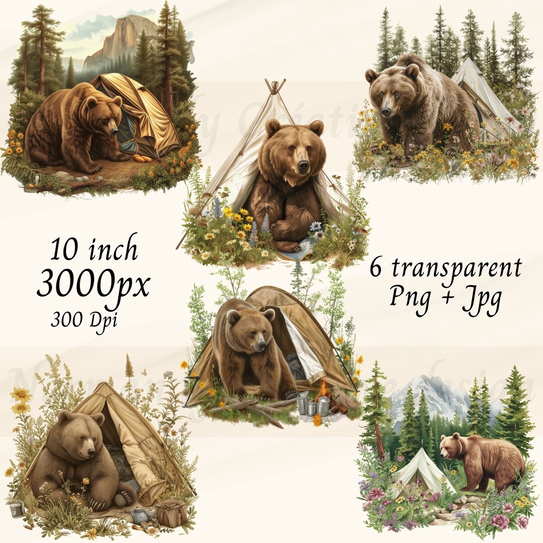 Brown Bear Clipart, Watercolor Forest Bear Camper Png and JPG, Digital ...